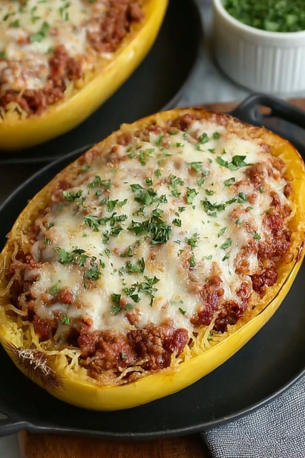 Cheesy Garlic and Herb Spaghetti Squash with Meat Sauce - Ava Chef Life